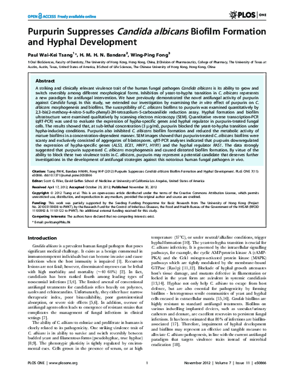 (PDF) Purpurin Suppresses Candida albicans Biofilm Formation and Hyphal ...