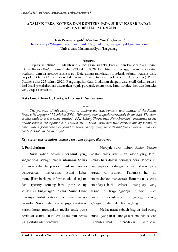 (PDF) Analisis Teks, Koteks, Dan Konteks Pada Surat Kabar Radar Banten ...