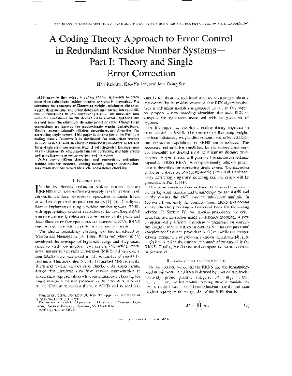 (PDF) A coding theory approach to error control in redundant residue number systems. I. Theory ...