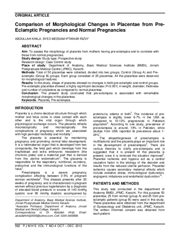 (PDF) Comparison of Morphological Changes in Placentae from Pre ...