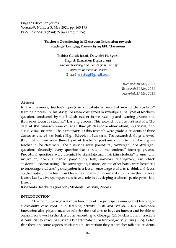 (PDF) Teacher’s Questioning in Classroom Interaction towards Students ...