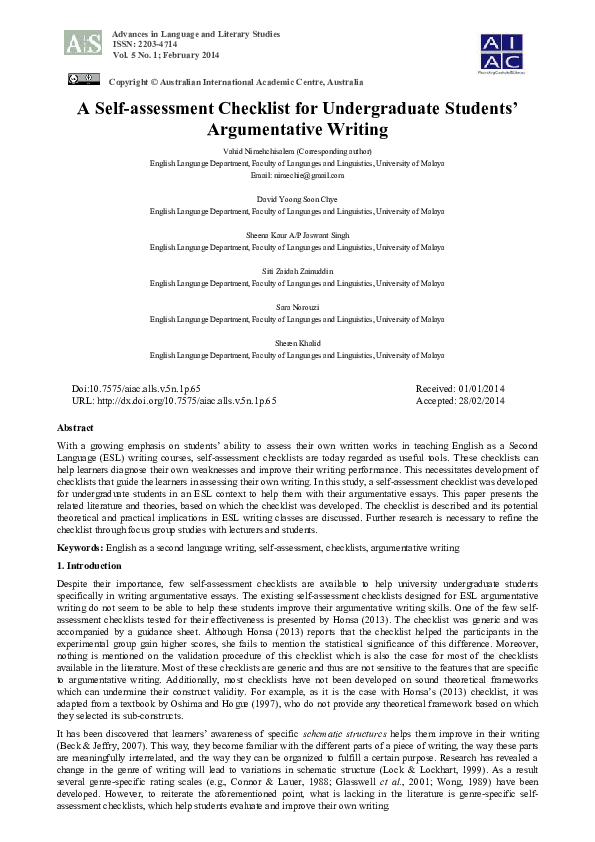 (PDF) A Self-assessment Checklist for Undergraduate Students ...