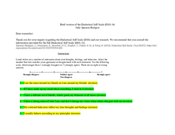 (DOC) Brief version of the Dialectical Self Scale (DSS-14)