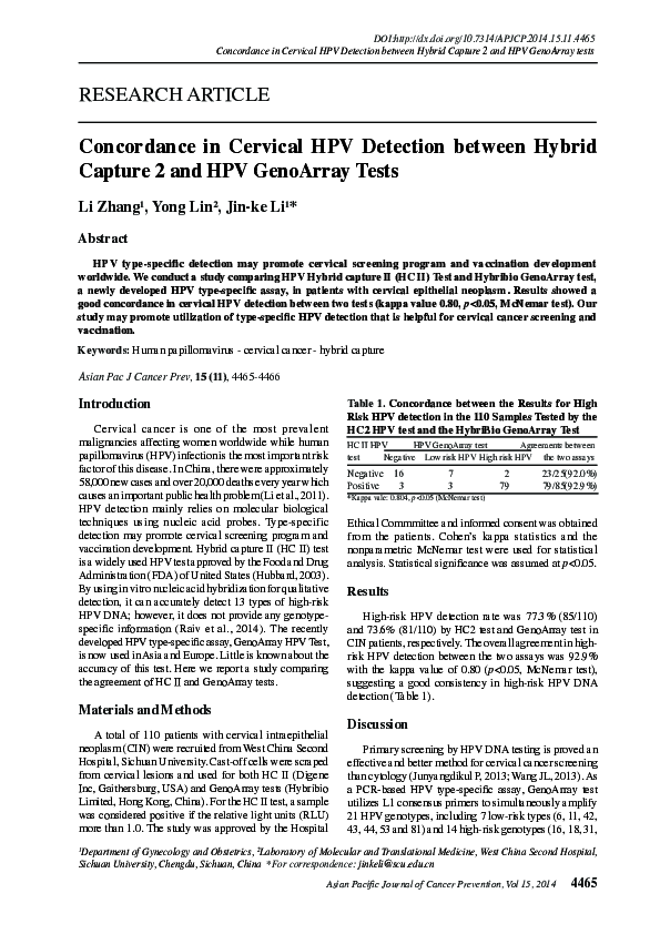 (PDF) Concordance in Cervical HPV Detection between Hybrid Capture 2 ...