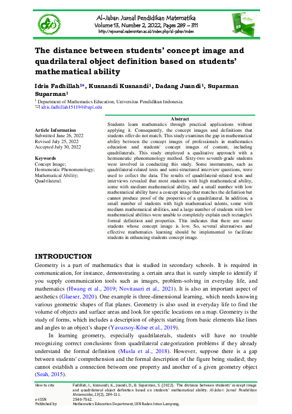 (PDF) The distance between students’ concept image and quadrilateral object definition based on ...