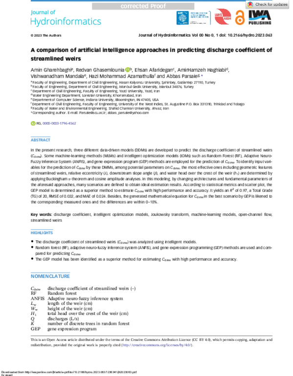 (PDF) A comparison of artificial intelligence approaches in predicting discharge coefficient of ...