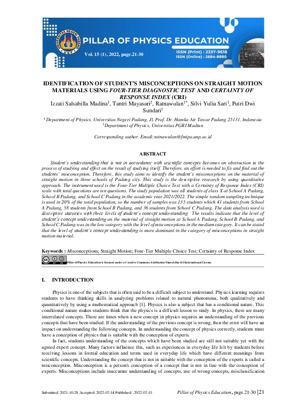 (PDF) Identification of Student's Misconceptions on Straight Motion Materials Using Four-Tier ...