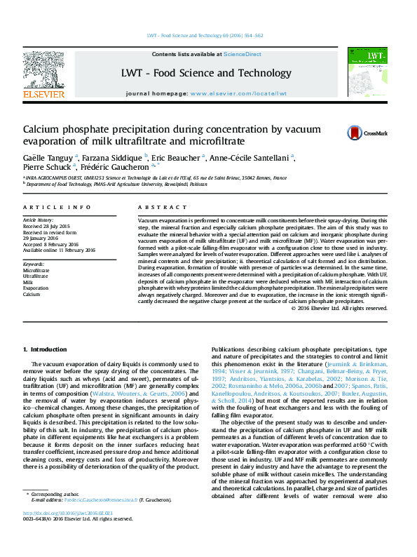 (PDF) Calcium phosphate precipitation during concentration by vacuum ...