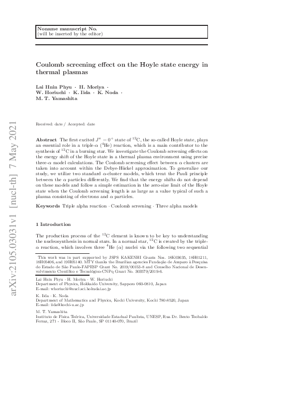 (PDF) Coulomb Screening Effect on the Hoyle State Energy in Thermal Plasmas