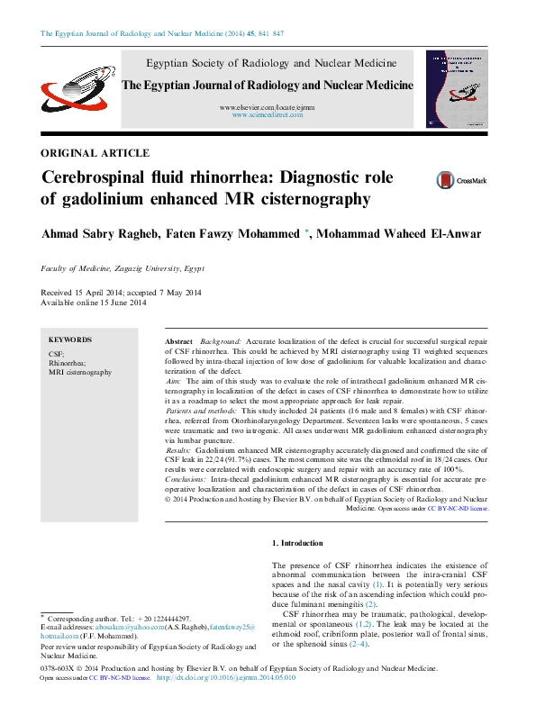 (PDF) Cerebrospinal fluid rhinorrhea: Diagnostic role of gadolinium ...