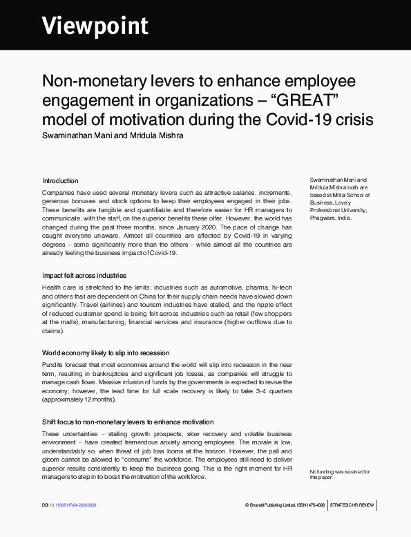 (PDF) Non-monetary levers to enhance employee engagement in ...