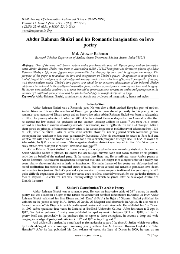 (PDF) Abdur Rahman Shukri and his Romantic imagination on love poetry