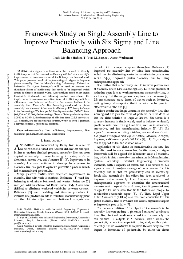 (PDF) Framework Study On Single Assembly Line To Improve Productivity With Six Sigma And Line ...