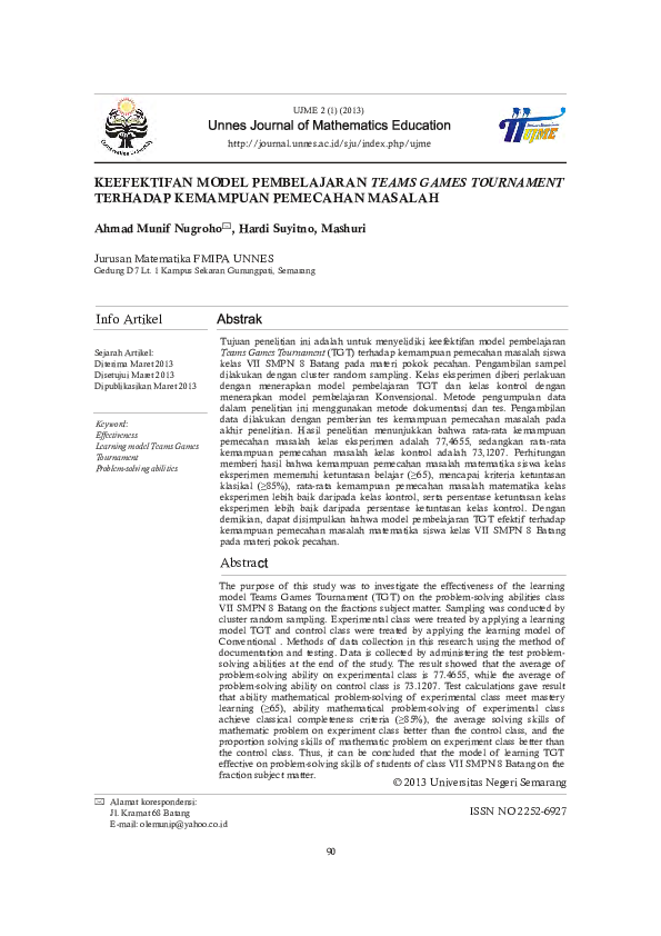 (PDF) Keefektifan Model Pembelajaran Teams Games Tournament Terhadap Kemampuan Pemecahan Masalah