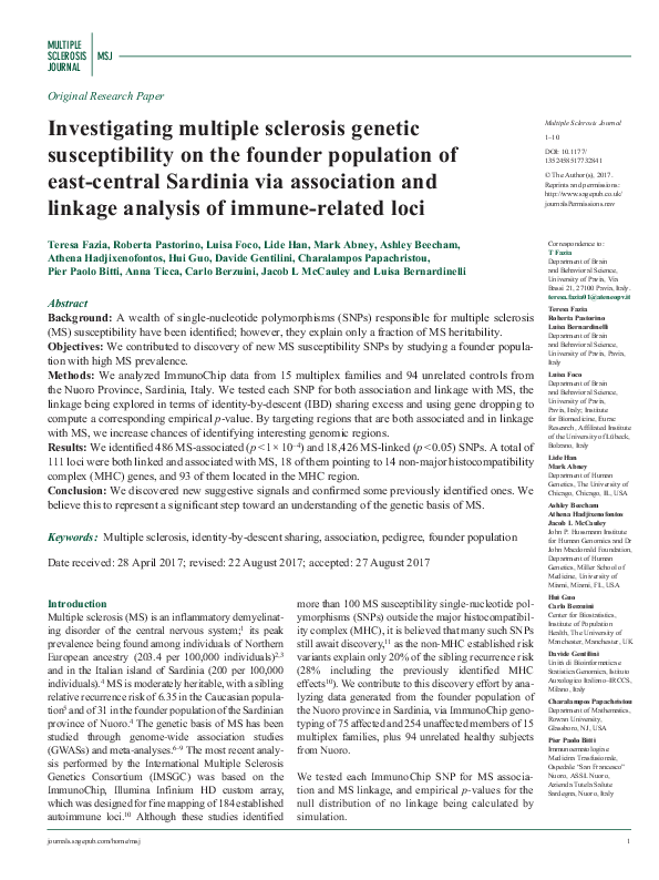 (PDF) Investigating multiple sclerosis genetic susceptibility on the ...