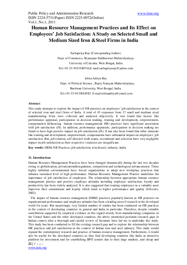 Pdf Human Resource Management Practices And Its Effect On Employeesâ€™ Job Satisfaction A