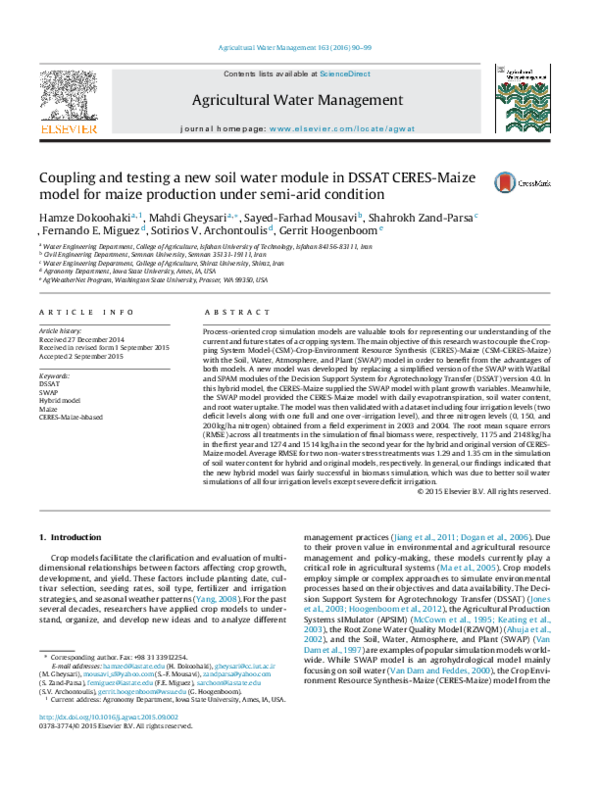 (PDF) Coupling and testing a new soil water module in DSSAT CERES-Maize ...