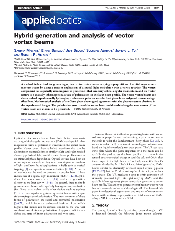 (PDF) Hybrid generation and analysis of vector vortex beams
