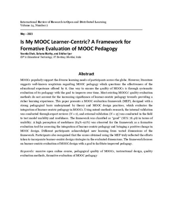 (PDF) Is My MOOC Learner-Centric? A Framework for Formative Evaluation ...