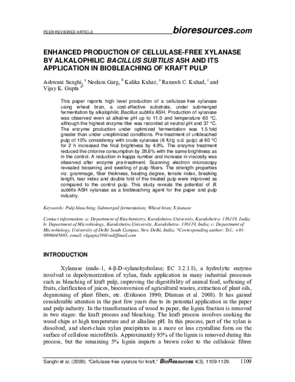 (PDF) Enhanced Production of Cellulase-Free Xylanase by Alkalophilic Bacillus Subtilis Ash and ...
