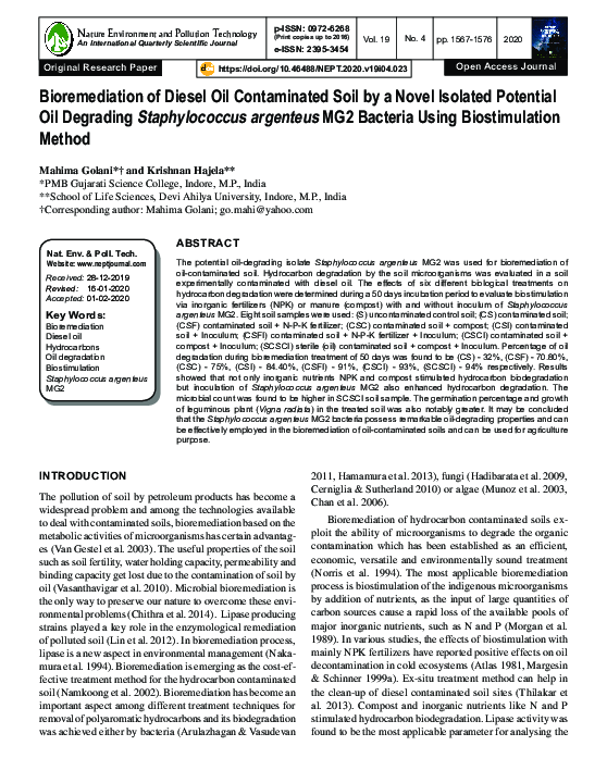 (PDF) Bioremediation of Diesel Oil Contaminated Soil by a Novel Isolated Potential Oil Degrading ...