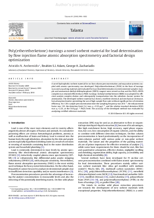 Pdf Poly Etheretherketone Turnings A Novel Sorbent Material For Lead Determination By Flow