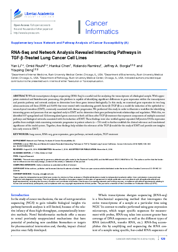 (PDF) RNA-Seq and Network Analysis Revealed Interacting Pathways in TGF-β-Treated Lung Cancer ...