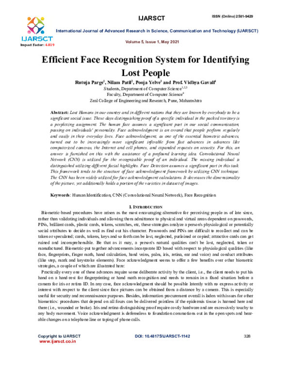 (PDF) Efficient Face Recognition System for Identifying Lost People