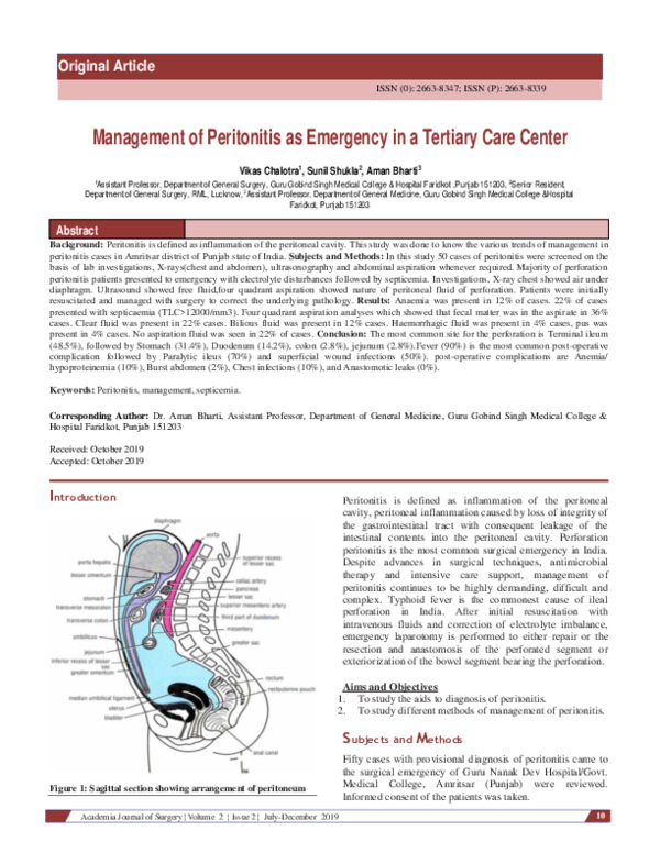(PDF) Management of Peritonitis as Emergency in a Tertiary Care Center