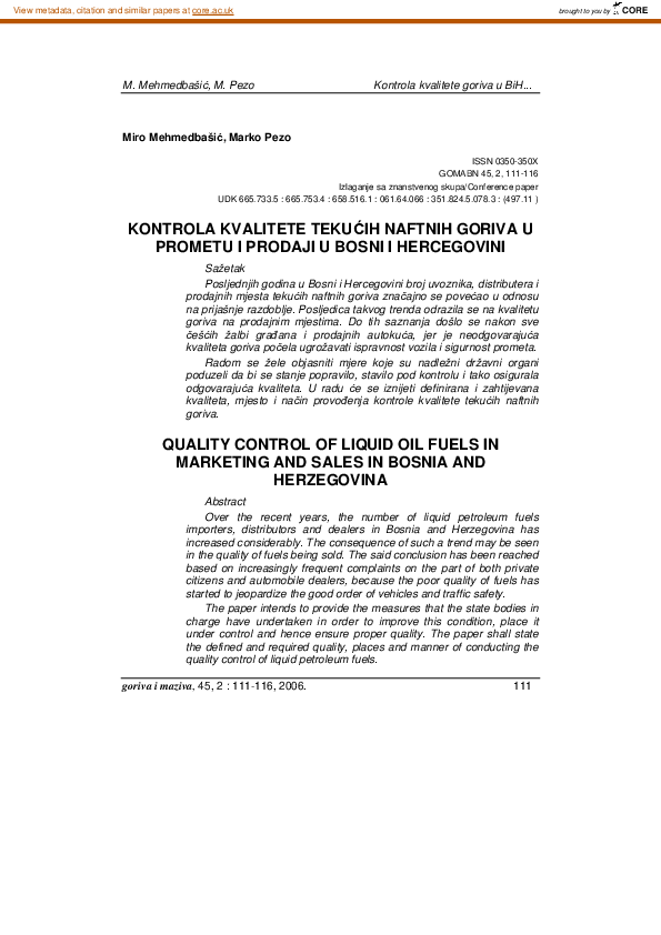 (PDF) Kontrola Kvalitete Tekućih Naftnih Goriva U Prometu I Prodaji U Bosni I Hercegovini