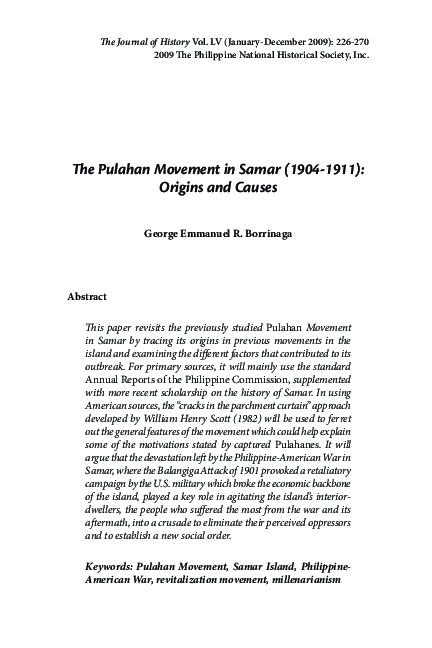 (PDF) The Pulahan Movement in Samar (1904-1911): Origins and Causes