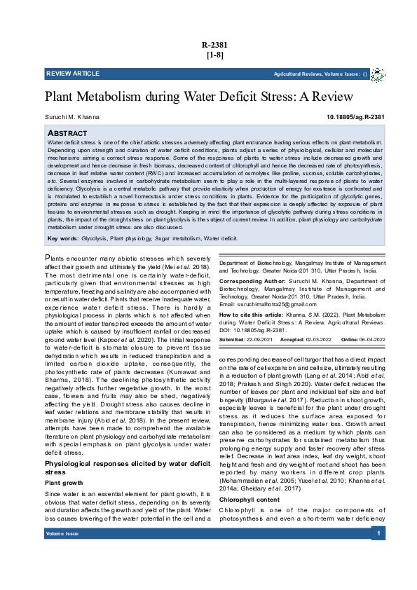 (PDF) Plant Metabolism during Water Deficit Stress: A Review | dr ...