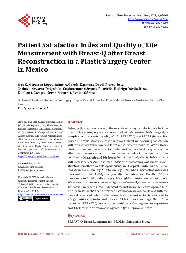 (PDF) Patient Satisfaction Index and Quality of Life Measurement with ...