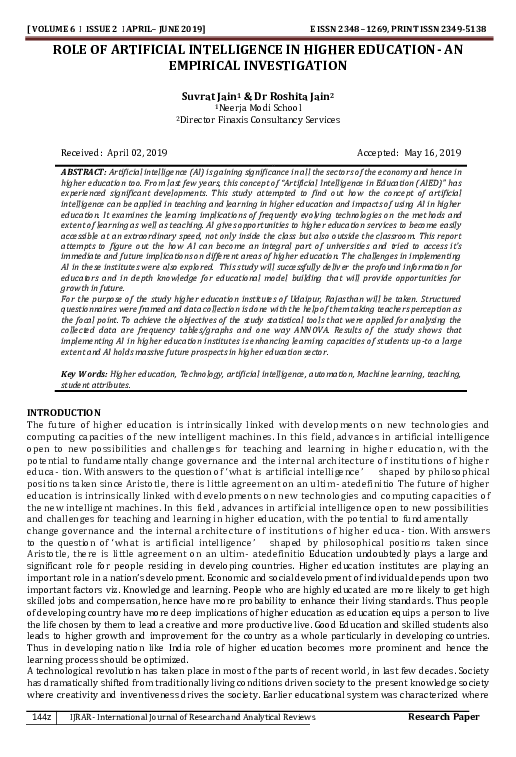 (PDF) Role of Artificial Intelligence in Higher Education-An Empirical Investigation