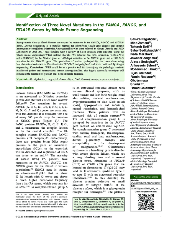(PDF) Identification of three novel mutations in the FANCA, FANCC, and ...