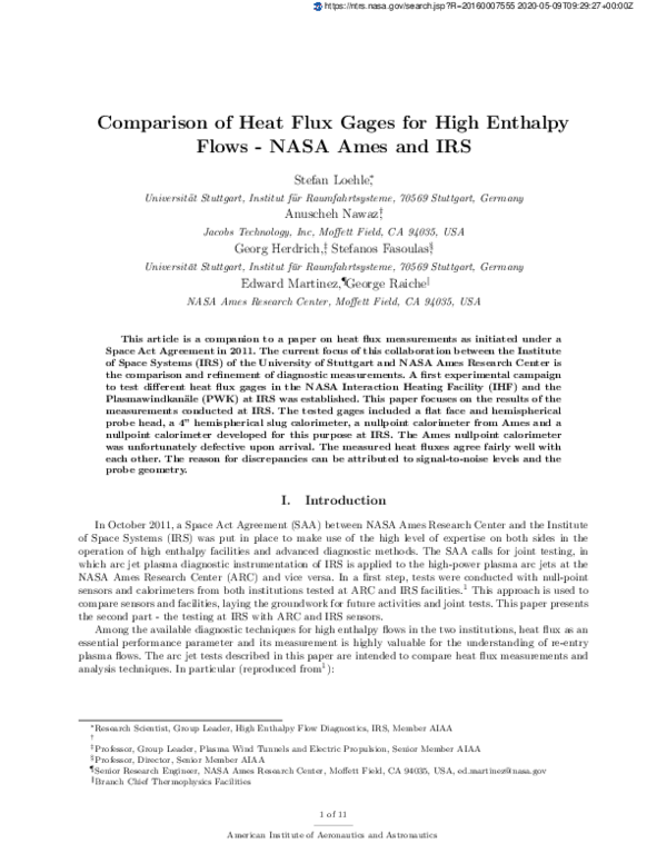 (PDF) Comparison of Heat Flux Gages for High Enthalpy Flows - NASA Ames ...