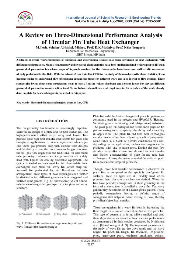 (PDF) A Review on Three-Dimensional Performance Analysis of Circular Fin Tube Heat Exchanger