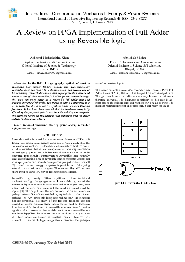 (PDF) A Review on FPGA Implementation of Full Adder using Reversible logic