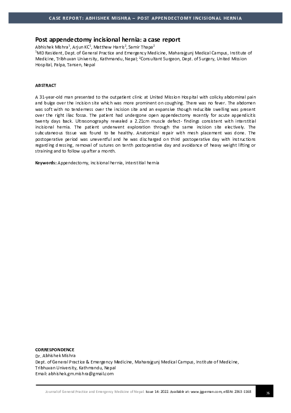 (PDF) Post appendectomy incisional hernia: a case report