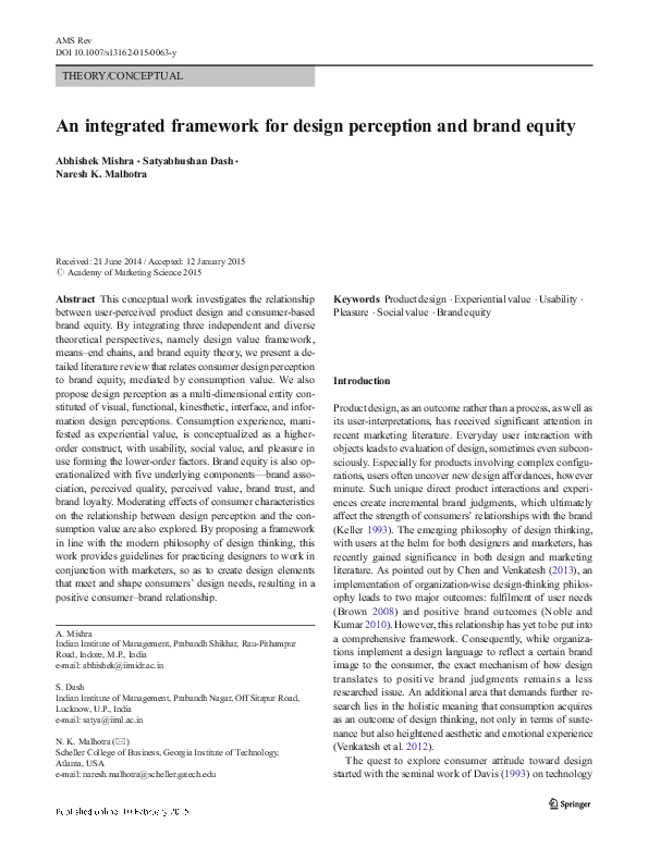 (PDF) An integrated framework for design perception and brand equity