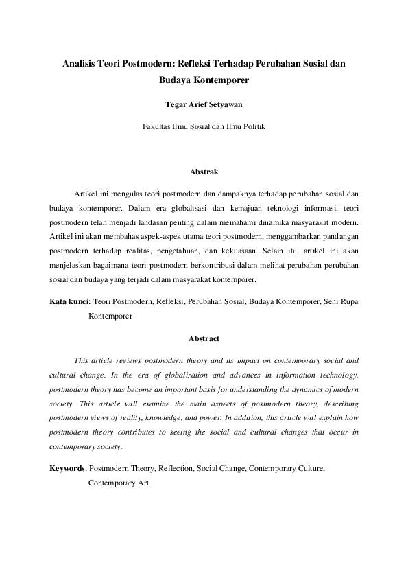 (PDF) Analisis Teori Postmodern: Refleksi Terhadap Perubahan Sosial dan Budaya Kontemporer
