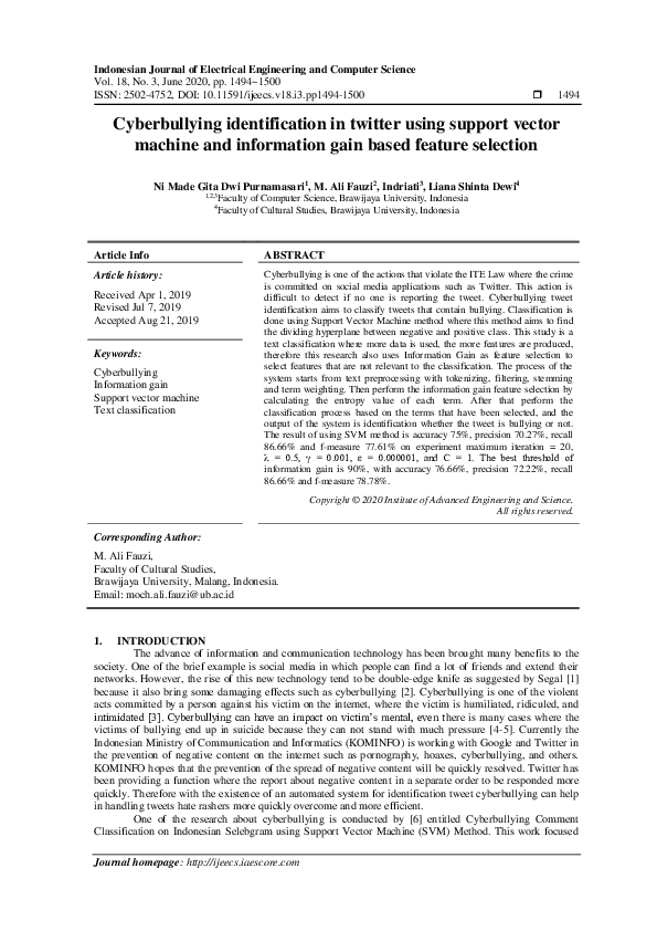 (PDF) Cyberbullying identification in twitter using support vector machine and information gain ...