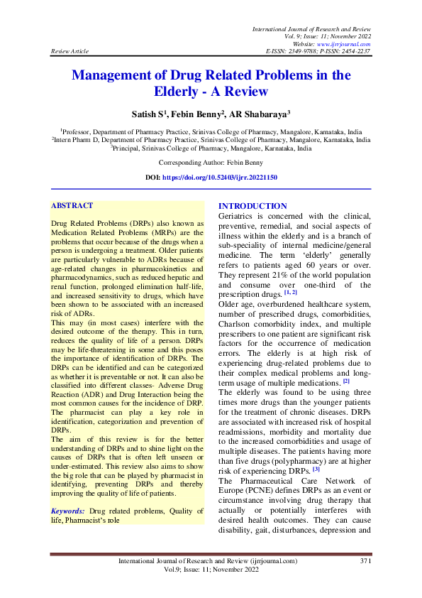 (PDF) Management of Drug Related Problems in the Elderly - A Review