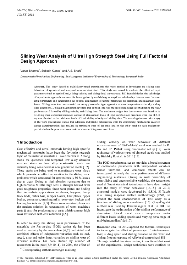 (PDF) Sliding Wear Analysis of Ultra High Strength Steel Using Full ...