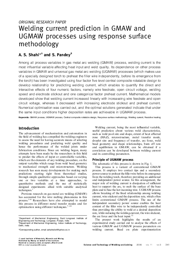 (PDF) Welding current prediction in GMAW and UGMAW processes using response surface methodology