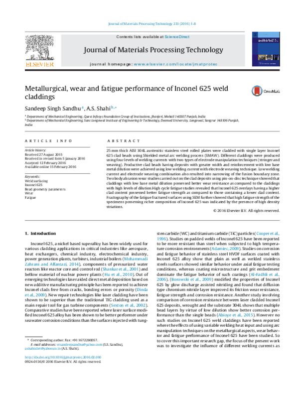 (PDF) Metallurgical, wear and fatigue performance of Inconel 625 weld ...