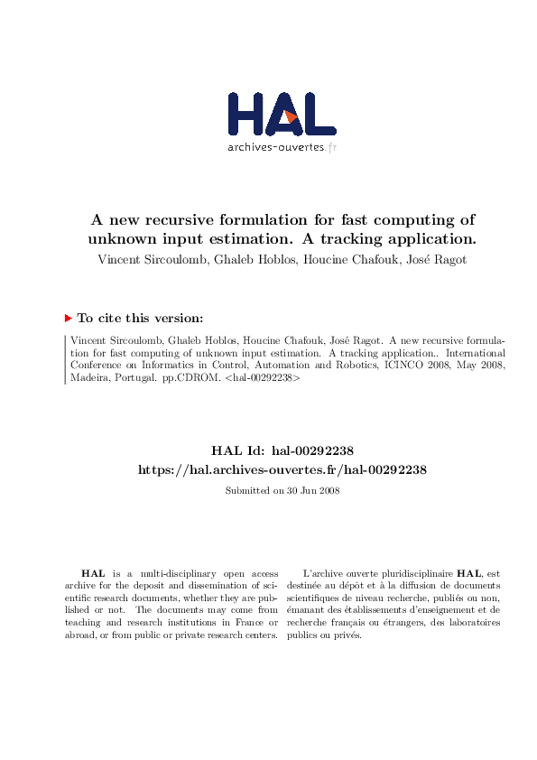 Pdf A New Recursive Formulation For Fast Computing Of Unknown Input Estimation A Tracking