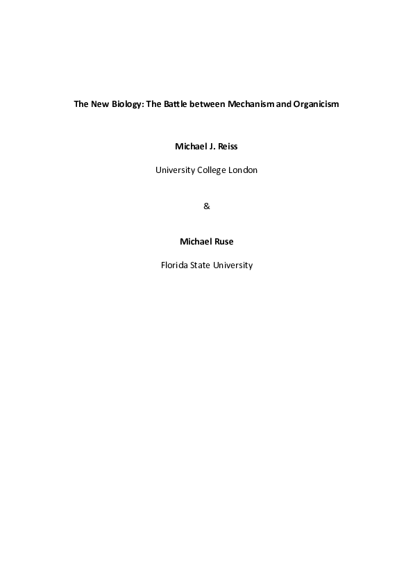 (DOC) The New Biology: A Battle between Mechanism and Organicism