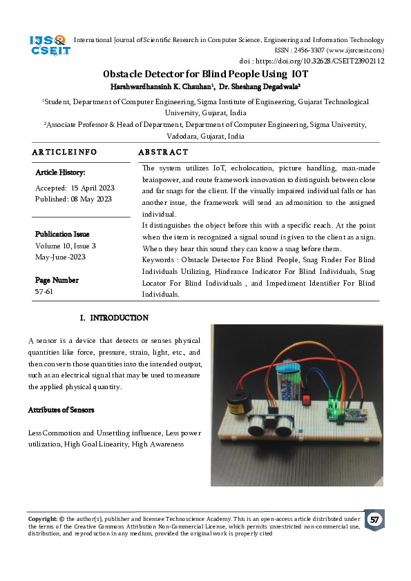 Pdf Obstacle Detector For Blind People Using Iot