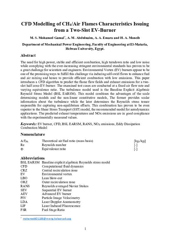 (PDF) CFD Modelling of CH4/Air Flames Characteristics Issuing from a Two-Slot EV-Burner